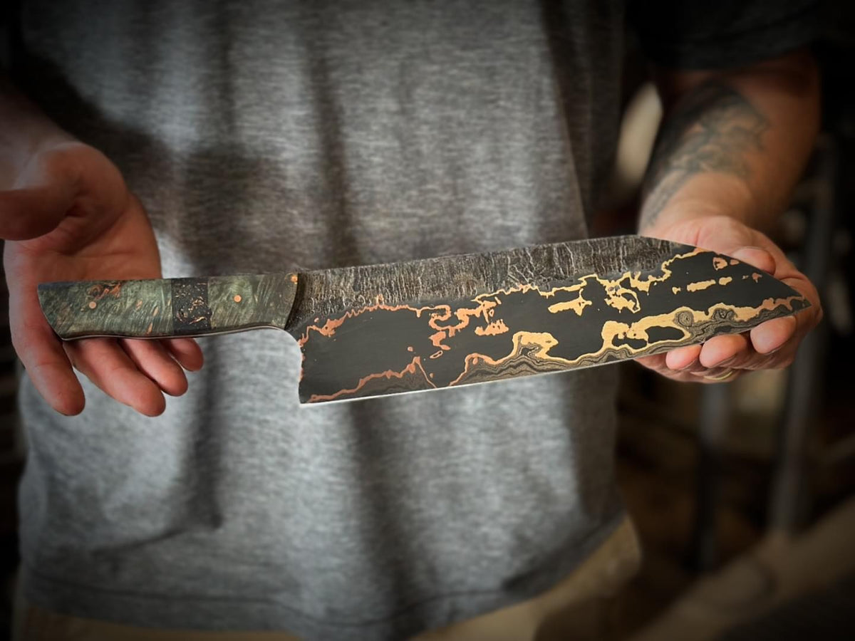 Copper Damascus Chef Knife - Maple Burl | Heritage Designs – Heritage ...